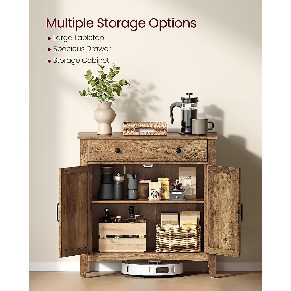 VASAGLE Coffee Bar Cabinet, Kitchen Storage Cabinet with Drawer, Farmhouse Cabinet Sideboard with Adjustable Shelf for Kitchen, Honey Brown UBBK341K01