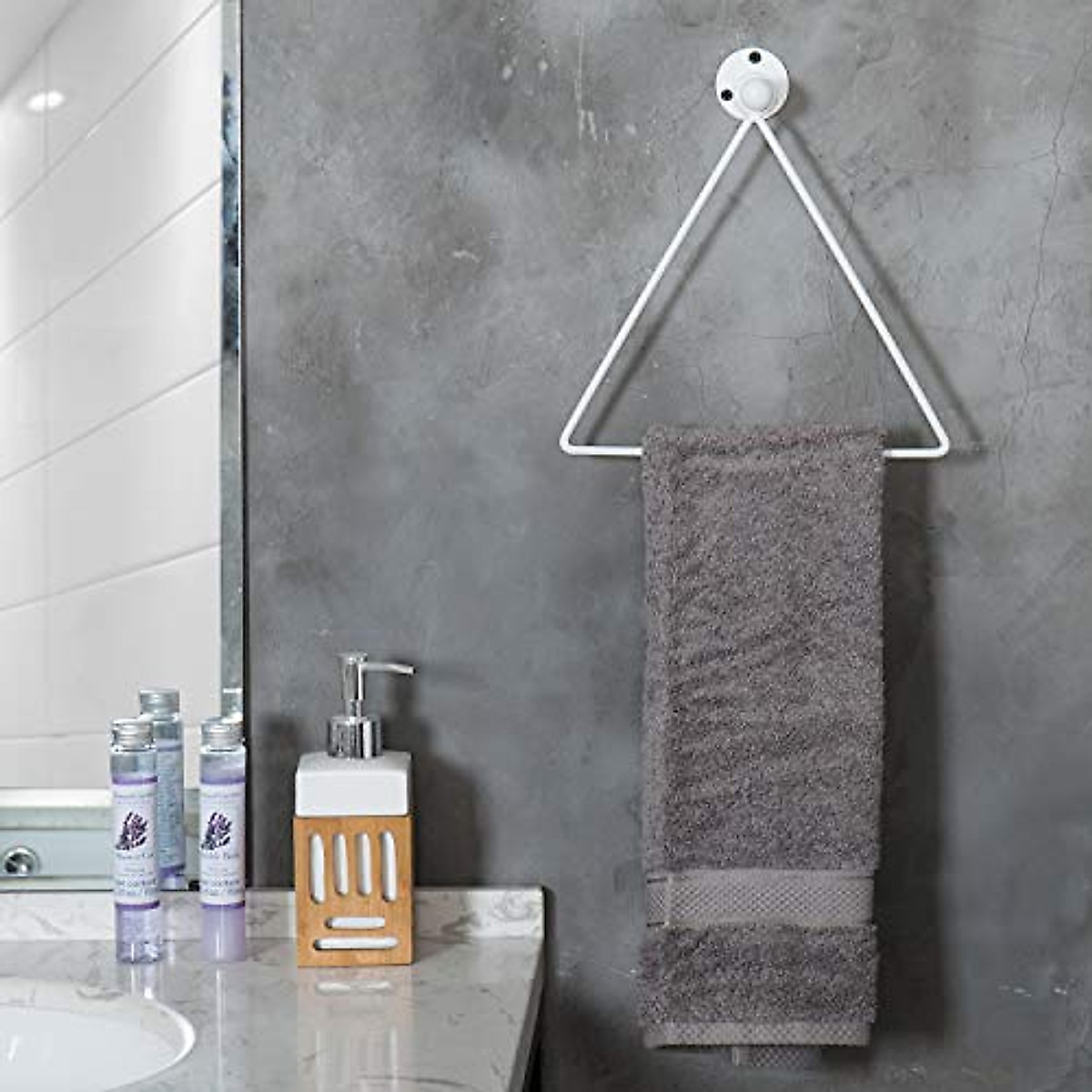 MyGift Wall Mounted Modern White Metal Triangular Hand Towel Ring Holder for Bathroom with Easy to Hang Mount