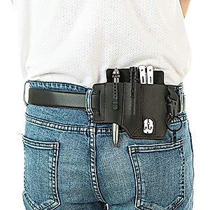 PUOSUO Multitool Sheath for Belt,Belt Sheath,Leather Flashlight Holster,Handmade 3 Pockets Organizer Sheath for Flashlights,Tactical pens,Tools, Leather EDC Pocket Organizer (Black)