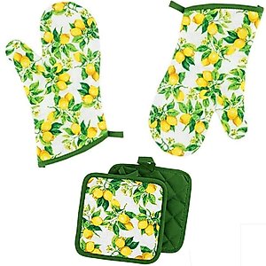 Oven Mitts - Pot Holders - Lemon Decor for The Kitchen - Potholder Oven Mitt Set (4 Piece) Lemons Design Includes 2 Potholders 2 Oven Mitts - Linen Citris Set - Kitchen Decor