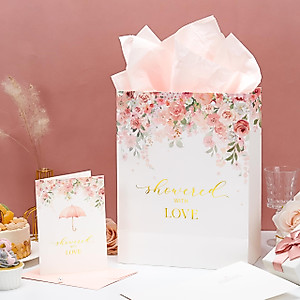 Crisky 13" Large Bridal Shower Bag with Bridal Shower Card Flower (Showered with Love) Gift Bag with Tissue Paper, Gift Card for Wedding, Bridal Shower, Engagement Party