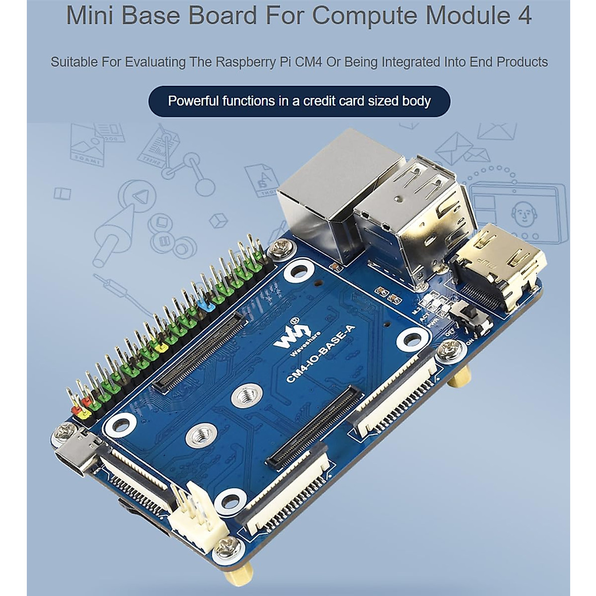 for Raspberry Pi Compute Module 4,Mini Base Board (A) with Standard CM4 Socket and Raspberry Pi 40PIN GPIO Header Onboard Multiple Connectors CSI/DSI/FAN/HDMI/USB/RJ45, etc.