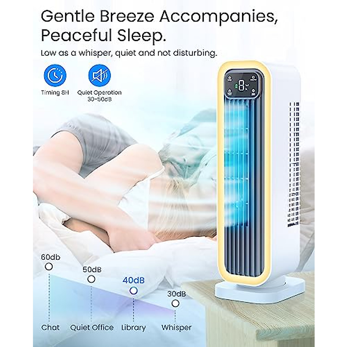 let'me Desk Fan, 14.6 Inch Oscillating Office Fan, 10000mAh Battery Operated Small Quiet Fan with 3 Speeds, 8H Timer and Night Light, Desk Tower Fan for Bedroom Office Home Desktop White