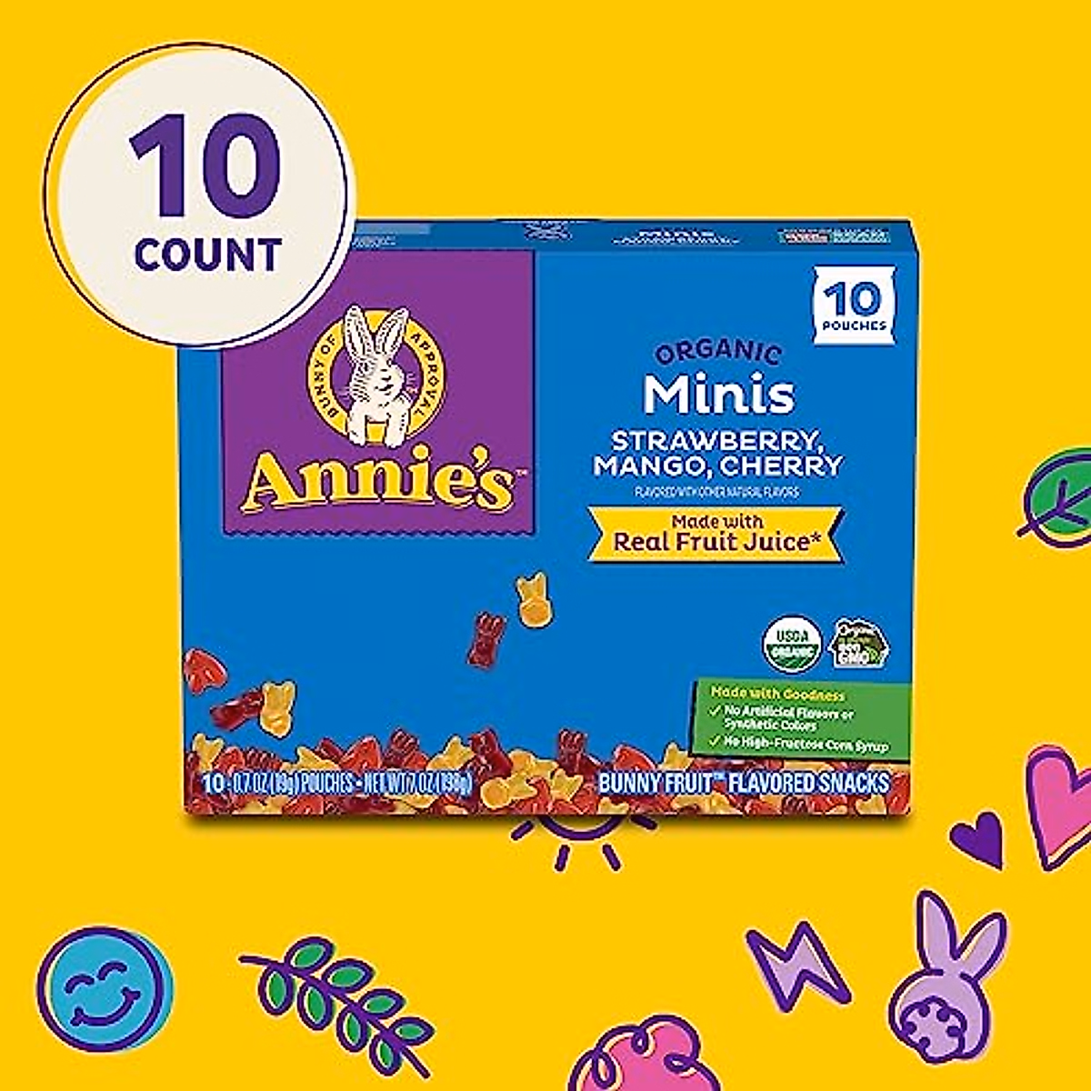 Annie's Organic Minis Bunny Fruit Flavored Snacks, Strawberry, Mango & Cherry, Gluten Free, 10 Pouches, 7 oz.