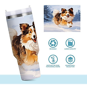 MCHIVER White Cute Sheltie Snow Tumbler with Lid and Straw 40 oz Insulated Water Bottle Leakproof Tumblers for Coffee Water Tea
