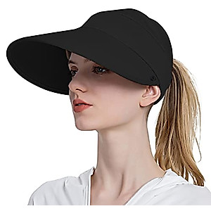 Muryobao Womens Baseball Sun Hat Outdoor Wide Brim UV Protection Foldable Ponytail Mesh Summer Visor Cap with Removable Neck Face Flap for Garden Beach Travel Black