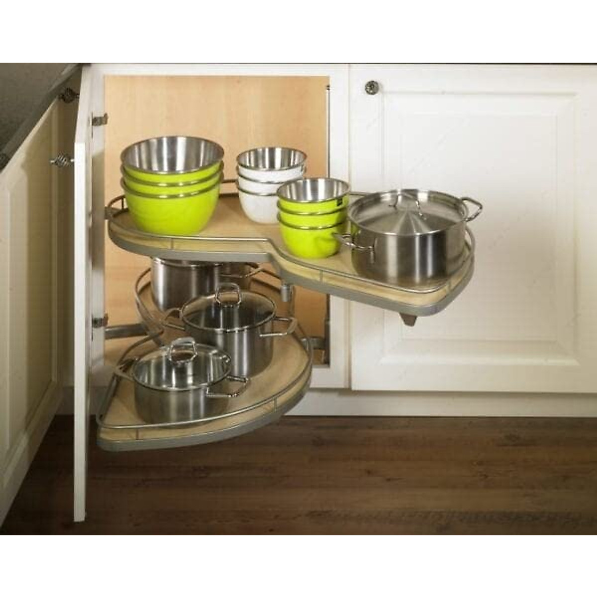 Lemans II Set 2-Shelf Lazy Susan with Soft-Close for Blind Base Corner Cabinets, Champagne and Maple (723 sq. Model 45, Tray Size: 15", Swings Right)