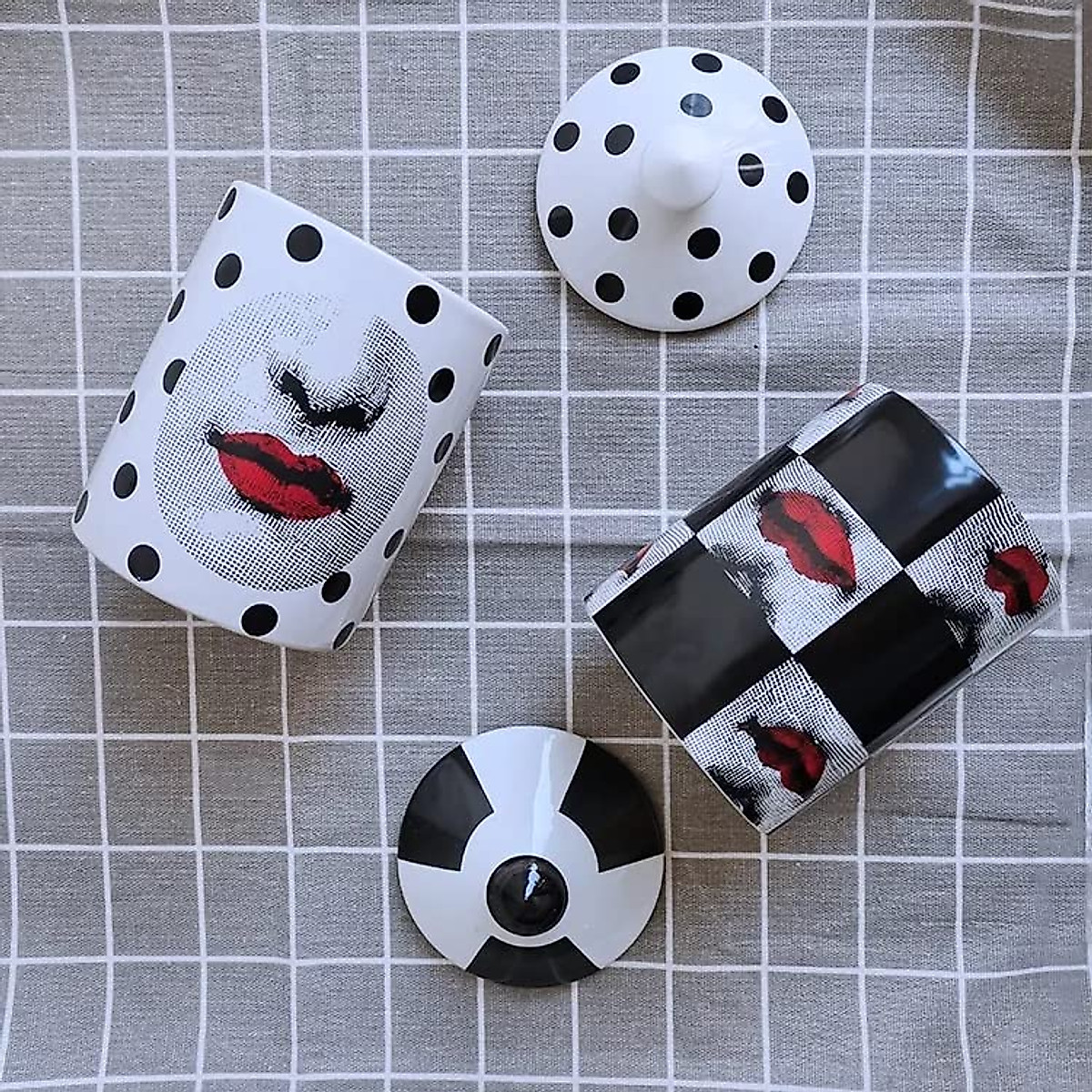AlphaDesignLuxe Decorative Candle Holder Handcrafted Aromatherapy Candle Jar Italian Designer Décor Fashionable Tabletop Vase Modern Art Female Face Eyes Lips Centerpiece. (Red Lips Black Squares)