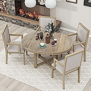 YuiHome Set 5-Piece Wooden Two-Size Round to Oval Extendable Butterfly Leaf Table and 4 Upholstered Dining Chairs with Armrests for Kitchen, Dinning Room,Natural Wood Wash, Gray