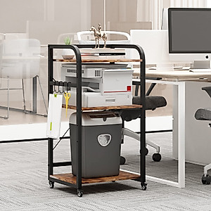 LAITIMIA 3 Tier Mobile Printer Stand with Storage Shelves Folding Paper Shredder Stand Heavy Duty Laser Printer Table on Wheels CPU Tower Stand Home Office Printer Cart Kitchen Organizer Rustic Brown