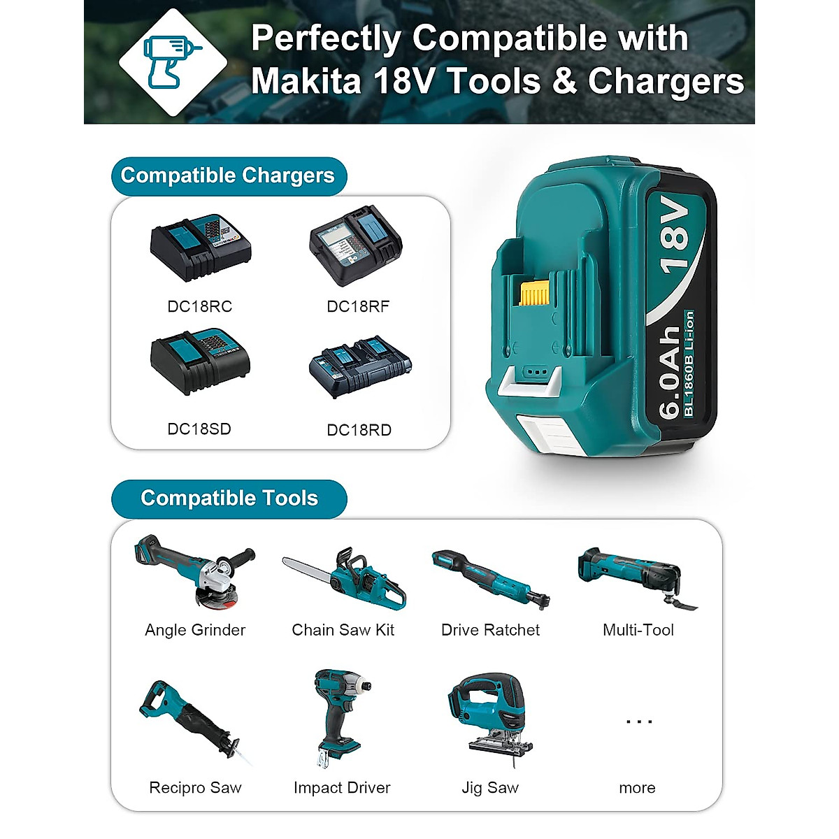 Twupixy Battery for Makita 18V Battery 6.0Ah, 4Pack Replacement Batteries Compatible with Makita 18 Volts Battery BL1860 BL1820 1830B 1840B 1850B, Fit with Original Makita 18V Battery Chargers Blue