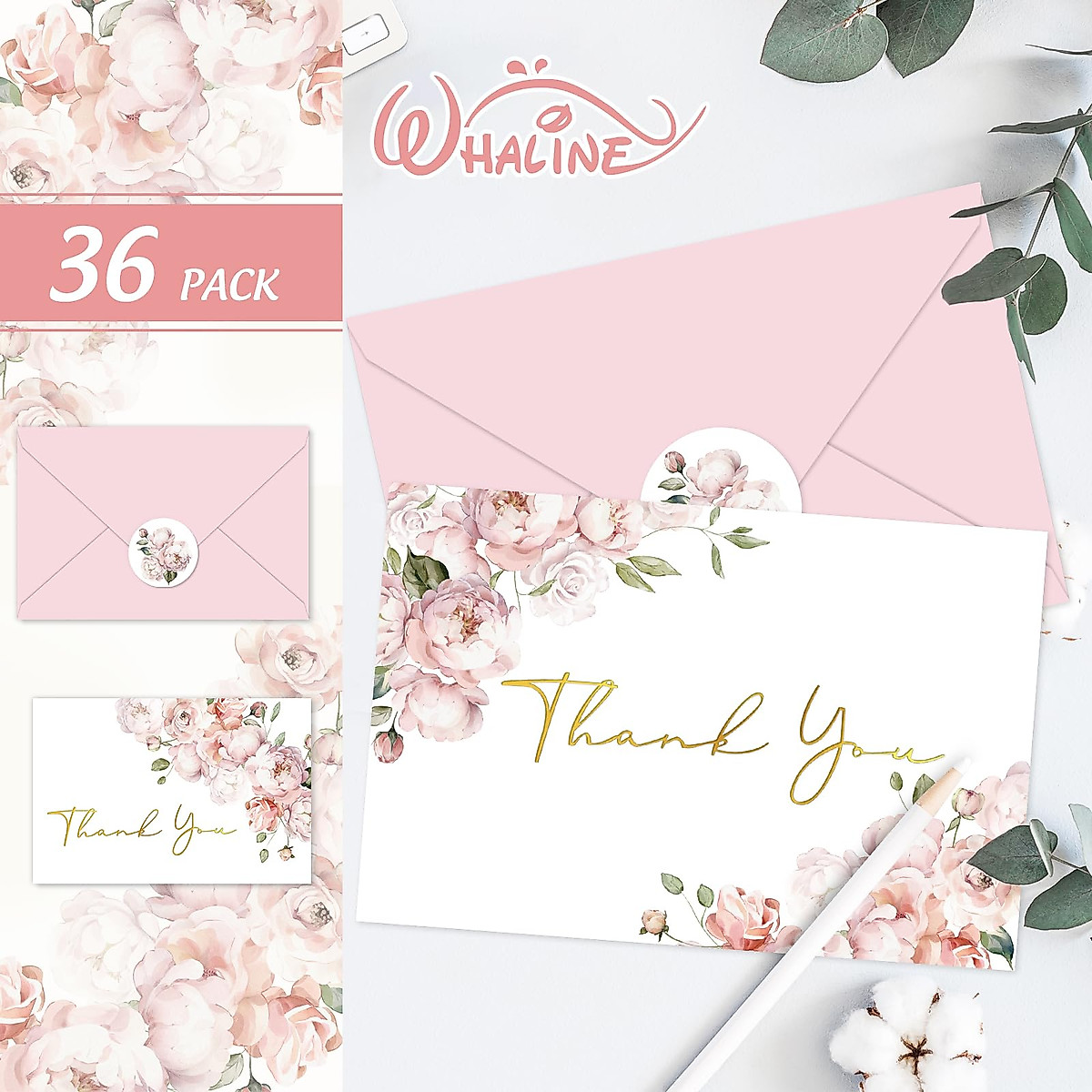 Whaline 36 Packs Floral Gold Foil Thank You Cards Watercolor Pink Flower Greeting Cards Blank Note Cards with Envelopes and Stickers for Wedding Baby Shower Bridal Shower Party, 4 x 6 Inch