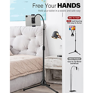 ONE TO FOUR Phone Tripod Stand, 69" Height Adjustable Gooseneck Tablet Floor Stand, Tall Stand with 360 Swivel, Extended iPad Stand Holder for All Mobile Phones, Tablet, iPhone, iPad (3.5-12.5in)