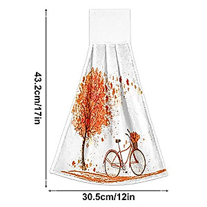 2 Pack Fall Maple Tree Bike Hanging Kitchen Towel with Loop Romantic Autumn Bicycle Hand Towels Soft Microfiber Coral Velvet Dish Towel for Bathroom Washcloth Absorbent Tie Towel