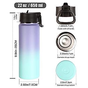 Volhoply 22 oz Insulated Water Bottles with Straw Lid, Stainless Steel Bottle with Handle, Double Walled Metal Travel Water Thermos with Wide Mouth, Reusable Water Flask for School(Purple Blue,1 Set)