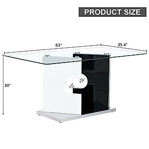 63 inch Glass Dining Table for 6 or 4, Modern Dining Room Table with Tempered Glass Tabletop and Double Pedestal Base, Large Rectangular Kitchen Table for Dining Room Banquet (Black&White)