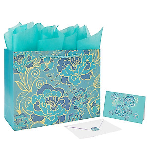 13" Large Rose Green Gift Bag Set with Greeting Card and Tissue Paper(Foil Traced Flowers) for Celebrating Birthdays, Valentine's Day, Weddings, Anniversaries, Mother's Day- 13”x5.2”x10.2”,1 Pcs.
