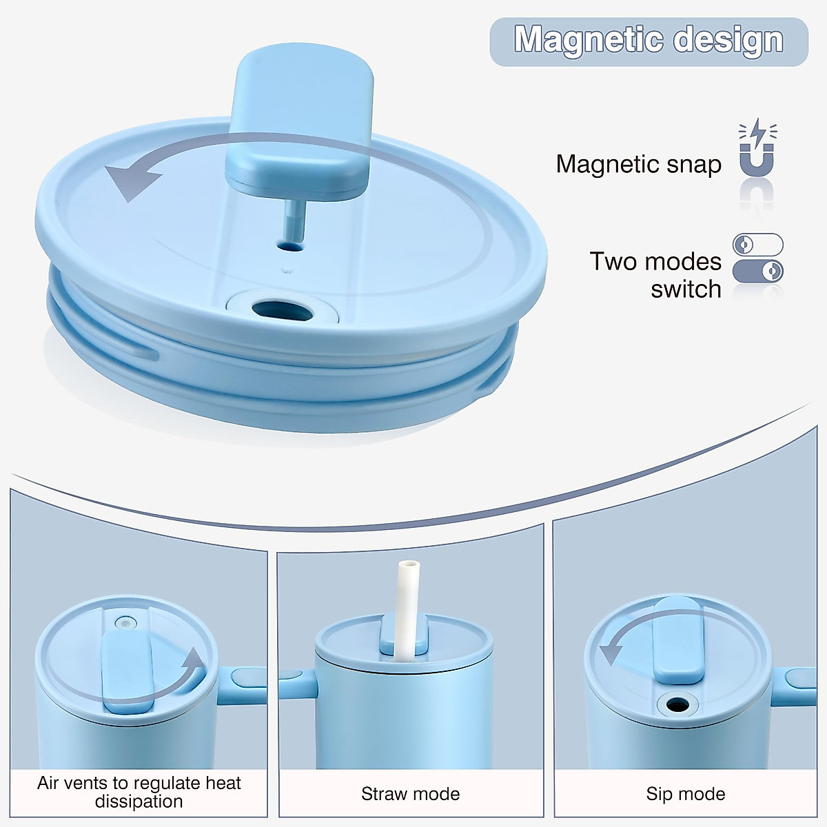 Pawtong 40oz Magnetic Lid Insulated Tumbler with Handle, 360° Rotating & Removable Cover, Leak-Proof Travel Mug with Soft Silicone Straw for Drivers, Commuters, Road Trips, Dishwasher Safe (Blue)