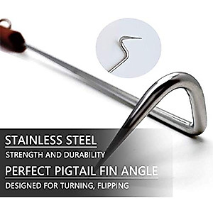 LQLMCOS 2Pcs Food Flipper Turner Hooks Stainless Steel BBQ Meat Hooks Cooking Barbecue Turners Hooks Grill Accessories with Wooden Handle for Grilling & Smoking (17.5 in+12.5 in)