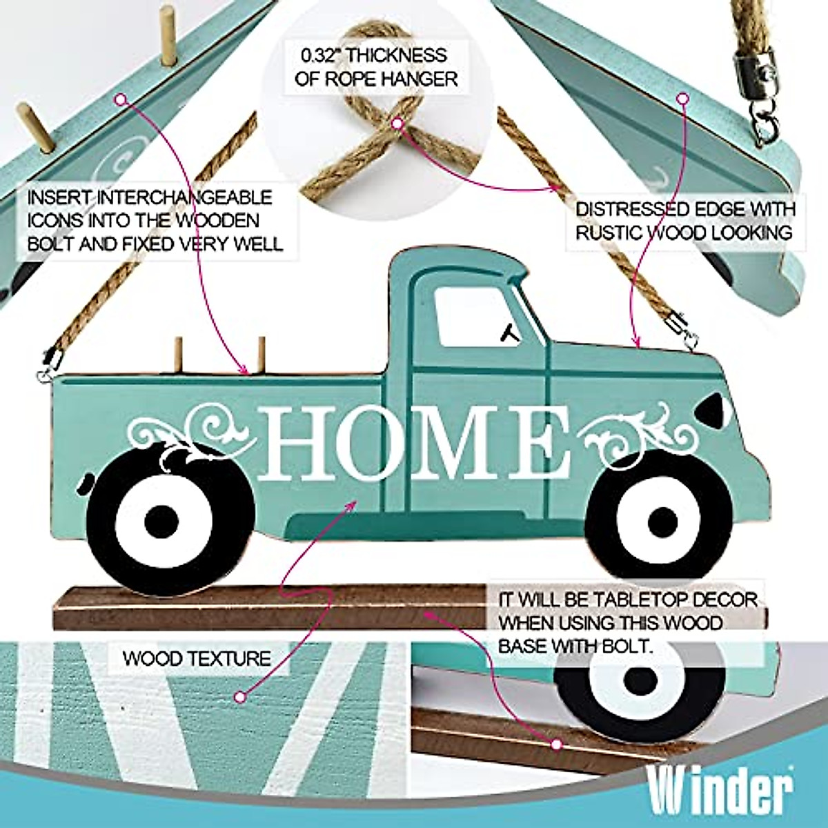 Winder Welcome Sign & Home Sign for Front Door 2-Side Rustic Red Truck Decor with 10-PC Interchangeable Holiday Icons for Spring Easter 4th of July Fall Harvest Halloween Christmas Seasonal Wall Hanging & Table Decorations(2-Side Red Truck)