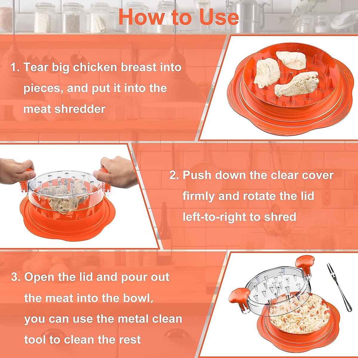 SURETIVIAN Chicken Shredder Large Chicken Breast Shredder Tool Twist with Brush&Fork, Visible Meat Shredder Machine, Anti-Slip Strip, Ergonomic Handle, BPA Free, Suitable for Pork Beef Chicken(Orange)