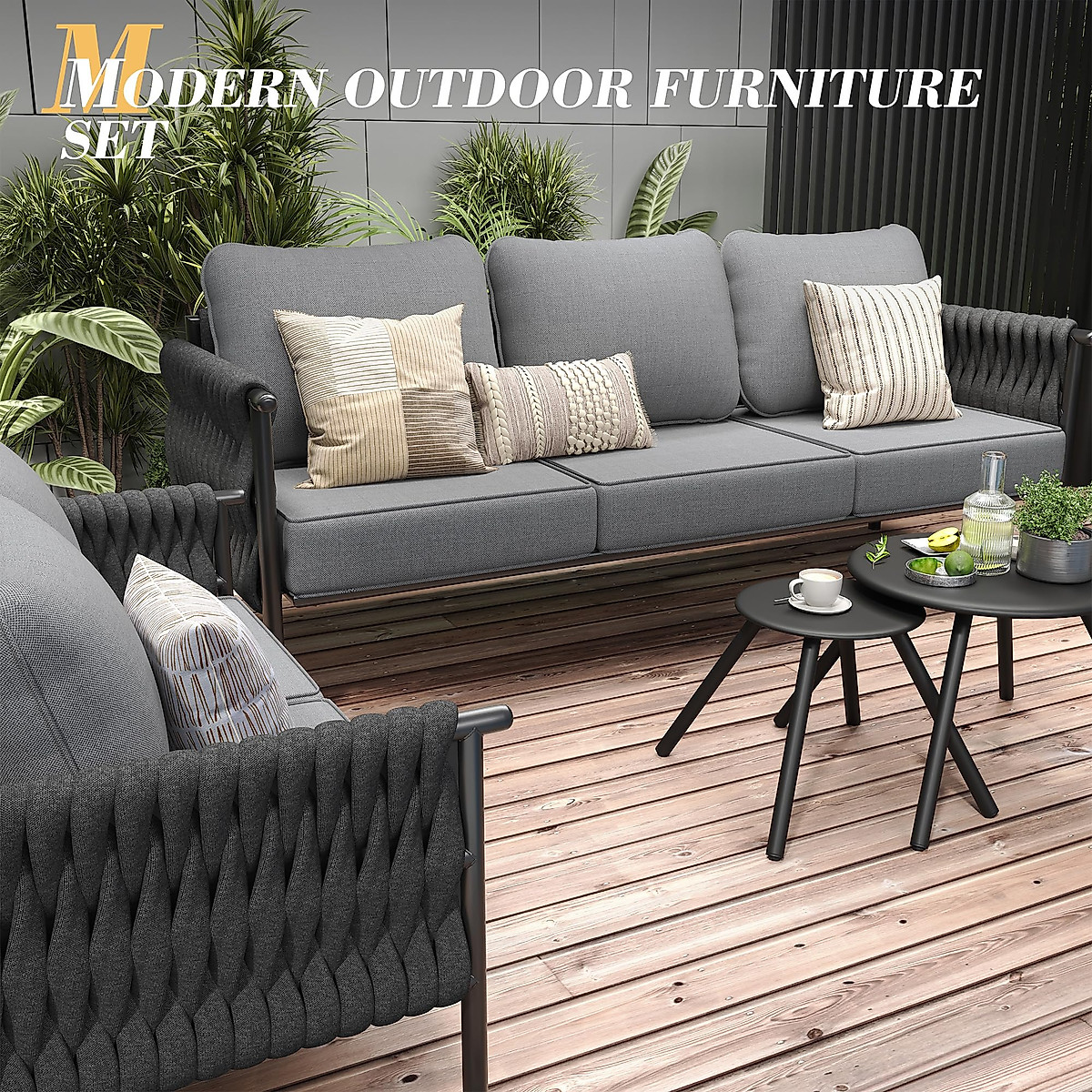 Amopatio 6 Pieces Outdoor Patio Furniture Set, Modern Outdoor Furniture Couch Bistro Sets with 6" Thickened Cushion, Metal Outdoor Sofa Porch Pool Furniture(Grey)