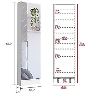 Ymlpre Full Length Mirror Shoe Rack, Wooden Standing Shoe Organizer, Five Internal Shelves, One-Door Shoe Cabinet for Entryway, Bedroom & Hallway, 18.5”W x 7.4”D x 66.9”H, White