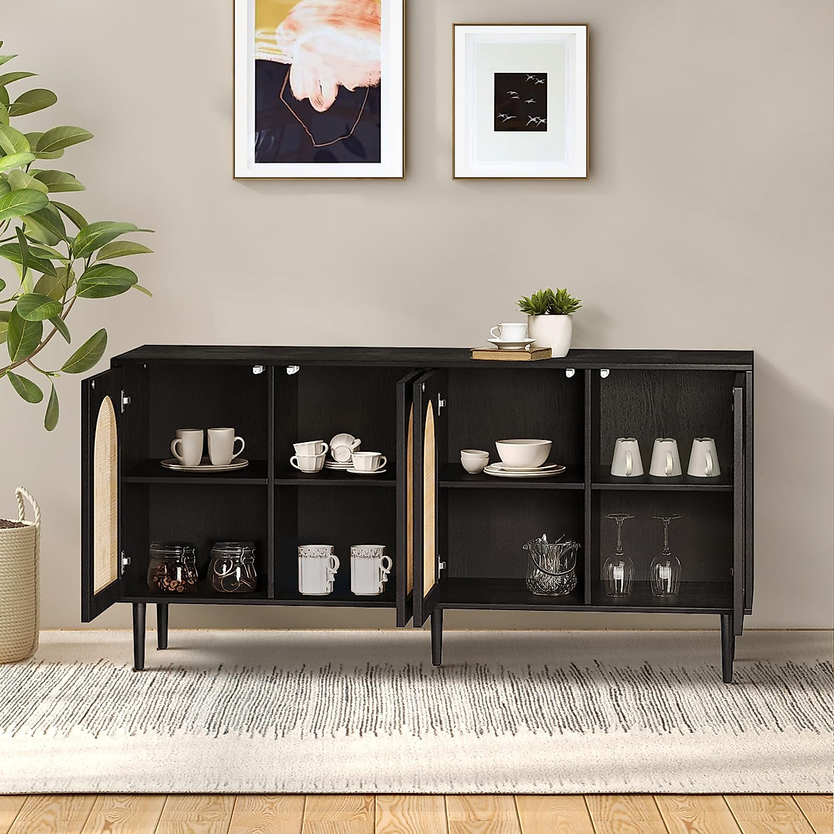 HULALA HOME 63" Wide Sideboard, Modern Sideboard Buffet Storage Cabinet with 4 Doors & 2 Adjustable Shelves, Kitchen Storage Buffet Cabinet Rattan Design, for Hallway, Entryway [Black]