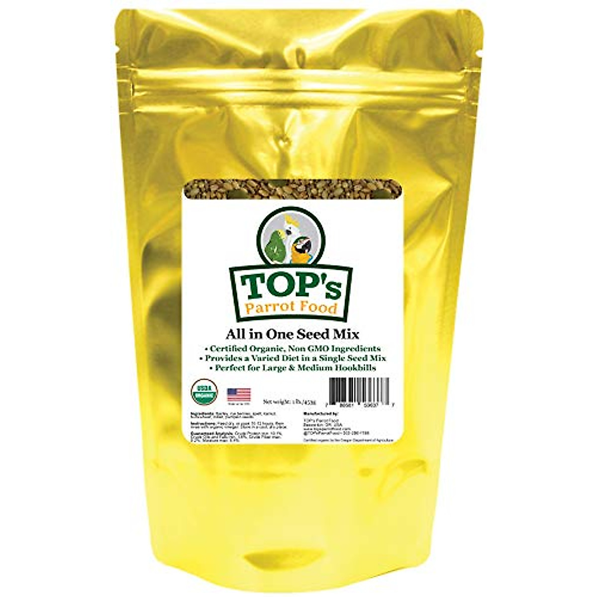 TOP's All in One Seed Mix for Large Birds, Non-GMO, Peanut Soy & Corn Free, USDA Organic Certified, 1lb