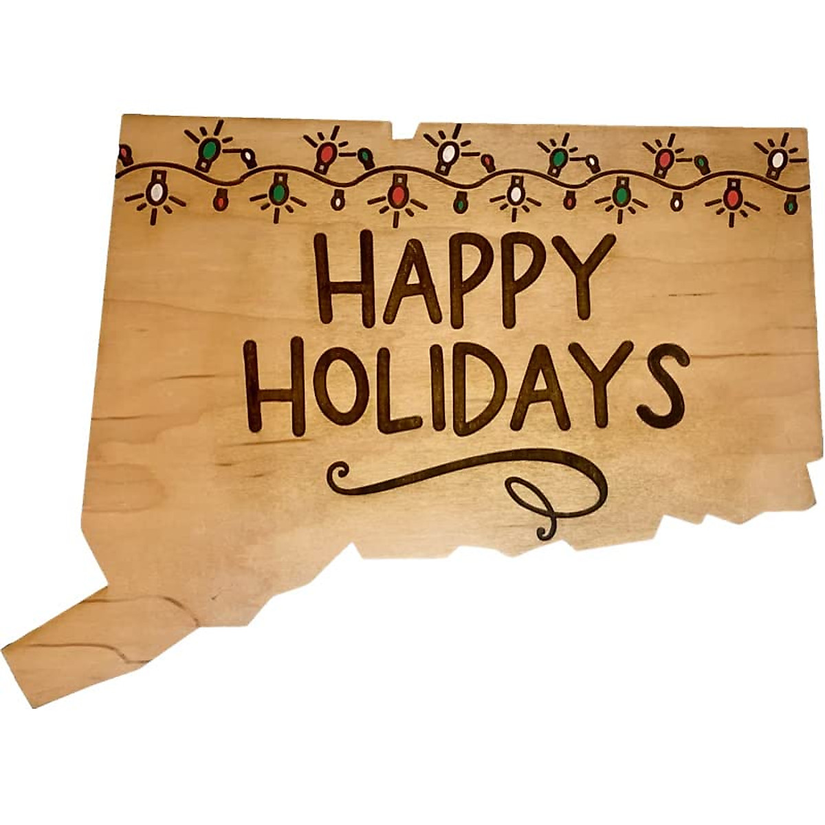State Shaped Happy Holidays Engraved Maple Wood Sign with Hand Painted Lights for Christmas Decoration