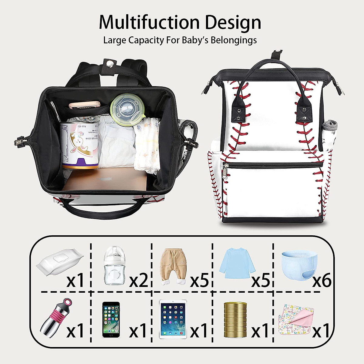 Diaper Bag Baseball Backpack, Large Capacity Baby Bag Maternity Backpack Nappy Bags, Multifunction Waterproof Diaper Bags Casual Travel Daypack for Mom Dad