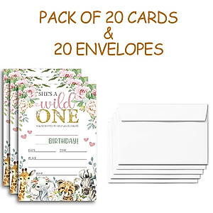 FujLoy Wild One Birthday party Invitations, Wild One Invitations, Jungle Theme, Animals Birthday Party Invites.（060）