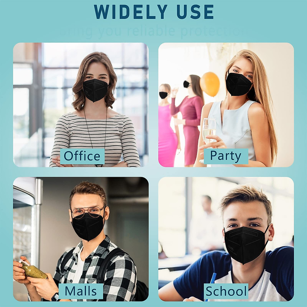 ChiSip Kn95 Face Masks 50 pack, Individually Wrapped Cup Dust Safety Masks 5 Layer Protection Mask for Adult, Men, Women, Indoor, Outdoor Use, Black