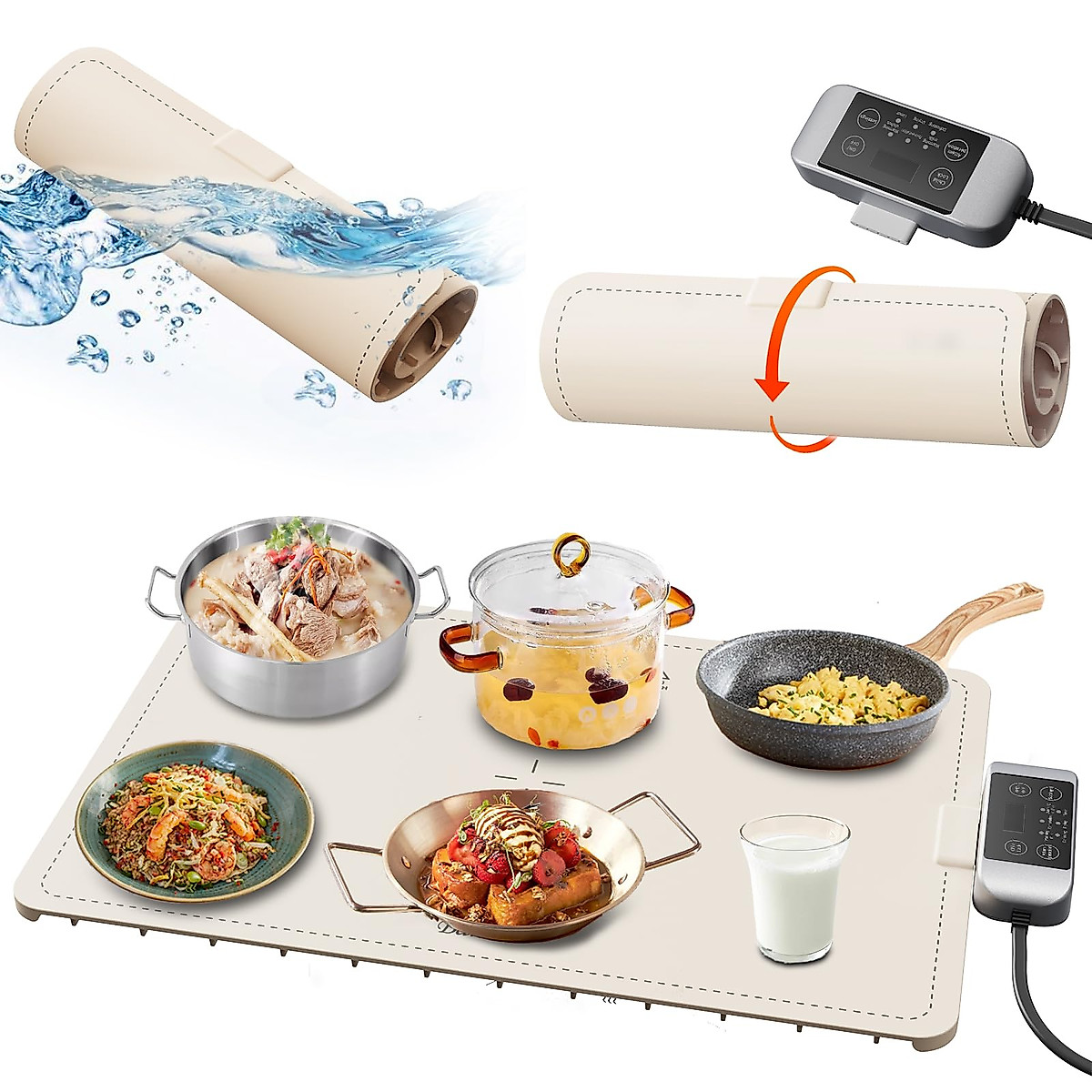 Electric Food Warming Tray - Removable Plug, Easy Cleaning, Full Surface Heating, Rollable Nano Silicone Material, 3 Temperature Settings, Auto Shut-Off- For Buffet, Home Party, Dinner (Ivory)