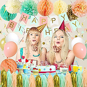 Birthday Party Decorations for Girls Women Her with Happy Birthday Banner,Honeycomb ball,Circle Dots Garland,Hanging Swirls Paper Pompoms,Paper Tassels Garland for Mint Green Gold Peach Birthday Decor