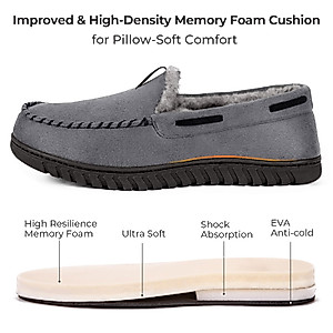 HomeTop Men's Moccasin Slippers Soft Faux Suede Plush Warm Lining Memory Foam Indoor House Shoes with Anti-Skid Sole (9, Grey)