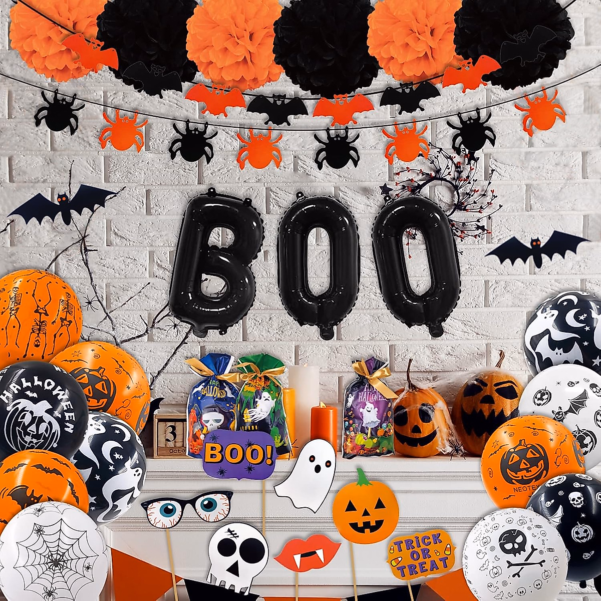 Party Spot! 120 Pcs Halloween Party Decorations, 5 Ft Jumbo Foil Balloon, Happy Halloween Banner, 60 pcs Balloons, Treat or Trick Goodie Bags, Spider Bat Banner,Foil Curtains, Halloween Party Supplies