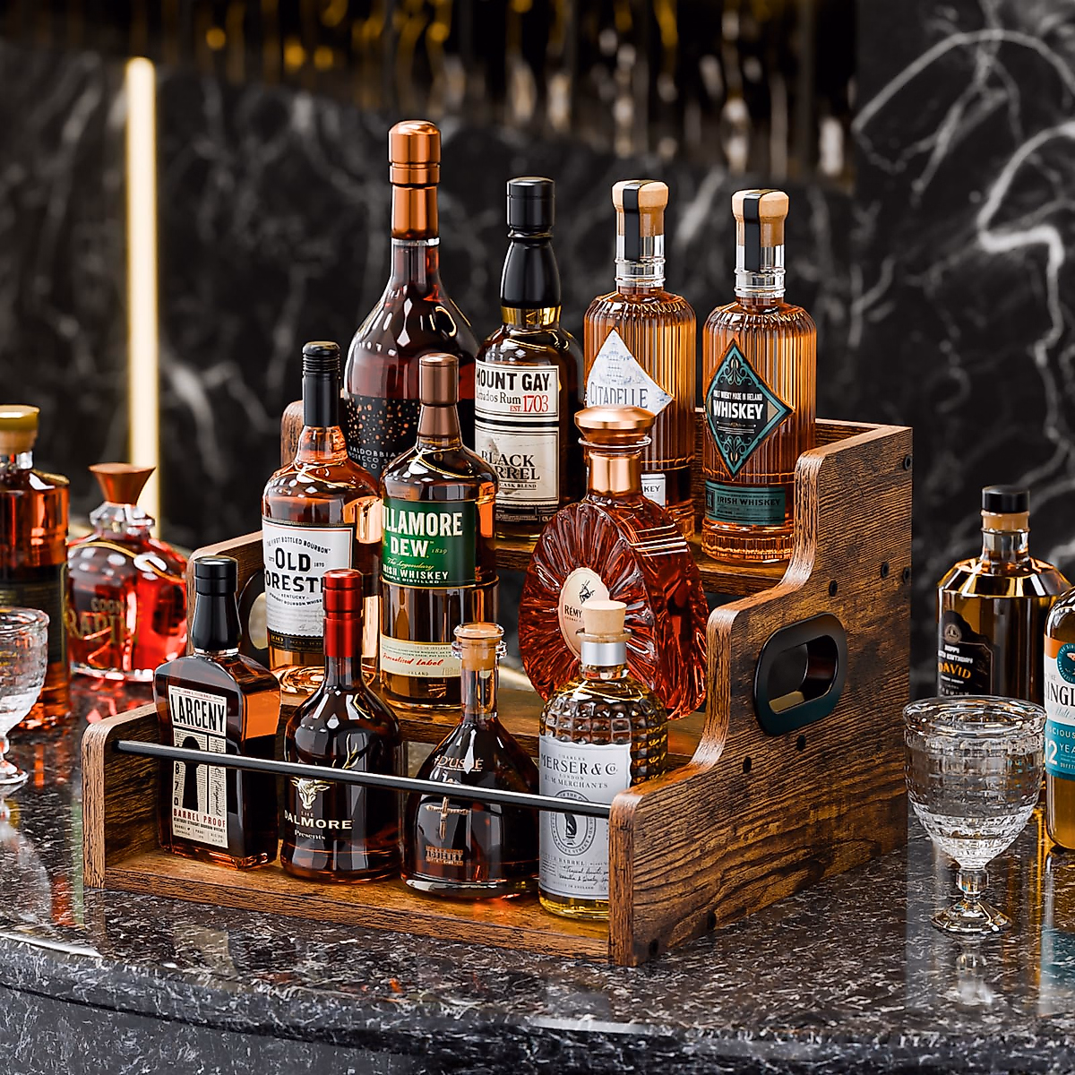KLM Liquor Bottle Display Shelf, Coffee Syrup Rack Organizer, 3 Step Countertop Liquor Wine Rack, mini bar,liquor cabinet, Home Retro Bar Shelf Stand for Liquor Whiskey, Spirits