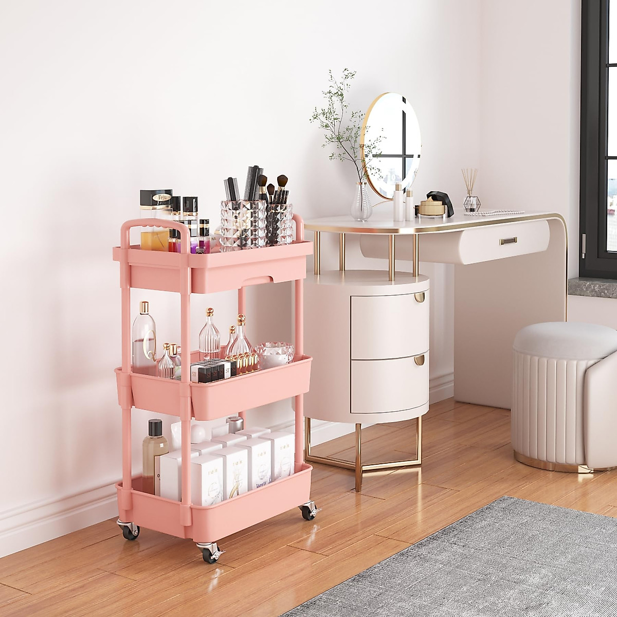 Calmootey 3-Tier Rolling Utility Cart with Drawer,Multifunctional Storage Organizer with Plastic Shelf & Metal Wheel,Storage Cart for Kitchen,Bathroom,Living Room,Office,Pink