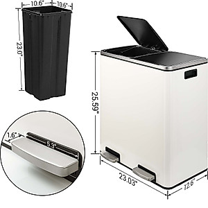 AthLike 60L(16 Gal) Dual Trash Can, Stainless Steel Kitchen Garbage Can, Double Compartment Classified Rubbish Bin, Recycle Dustbin w/Plastic Inner Buckets, Handle, Soft-Close Lid, Airtight