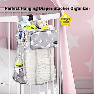 Inlisy Hanging Diaper Caddy - New Upgraded Wipe Warmer Diaper Stacker, Hanging Diaper Caddy Organizer for Changing Tables, Cribs, Walls and Doors -Gifts for Mom Newborn(Grey Stars)