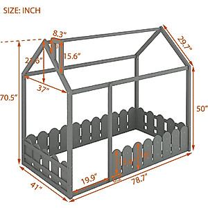 Harper & Bright Designs Twin House Bed Frame for Kids, Montessori Floor Bed Twin with Fence-Shaped Rails, Wood Twin Floor Bed Frames for Girls, Boys(Twin,Grey)