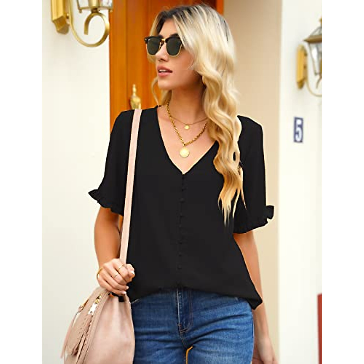 luvamia Women's V Neck Button Down Shirts Ruffle Short Sleeve Blouses Cute Summer Tops Black Size Large Size 12 Size 14