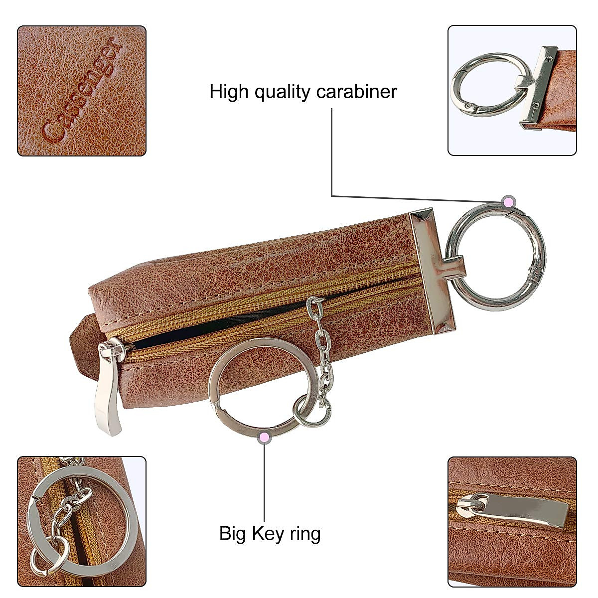 Cassenger Car Key Case, Genuine Leather Car Smart Key Chain Keychain Key Holder and Keyring Zipper Bag - Brown