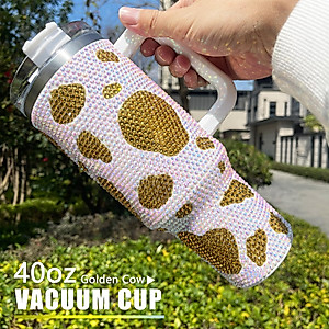Cupcupmore 40oz Golden Cow Bling Rhinestone Stainless Steel Sippy Tumbler Glitter Vacuum Insulated Water Bottle with Straw & Lid & Handle,Thermos for Hot & Cold Drinks,Car Cup Holder,Coffee