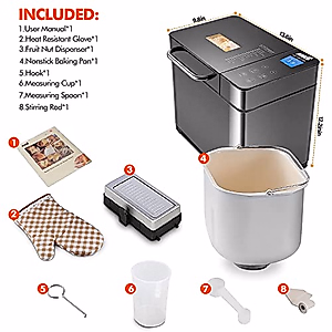 KBS Bread Maker-710W Dual Heaters, 17-in-1 Bread Machine Stainless Steel with Auto Nut Dispenser&Ceramic Pan, Gluten-Free, Dough Maker,Jam,Yogurt PROG, Touch Panel, 3 Loaf Sizes 3 Crust Colors,Recipes