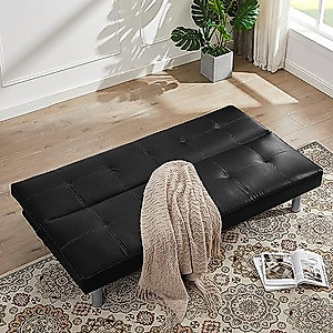 Eafurn Faux Leather Convertible Futon Sofa Adjustable Sleeper Couch Modern Home Recliner Reversible Loveseat Folding Daybed Guest Bed Small Sofabed with Metal Legs for Dorm, Apartment, Black 66.92"