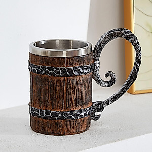 OTARTU Vintage Faux Oak Wood Barrel Beer Mug, Medieval Retro Viking Stainless Steel Coffee Cup Stein Tankard,17oz/500ML Cup Mug,Unique Gift
