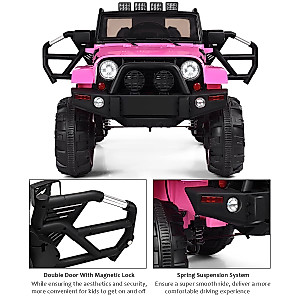 Costzon Ride On Car, 12V Battery Powered Electric Ride On Truck w/Parental Remote Control, LED Lights, Double Open Doors, Safety Belt, Music, MP3, Spring Suspension (Pink)