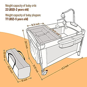Jaoul Baby Bassinet Bedside Sleeper Baby Crib, Pack and Play with Bassinet and Changing Table, Portable Travel Baby Playpen with Bassinet Toys & Music Box, Mattress for Girl Boy Infant Newborn Gray
